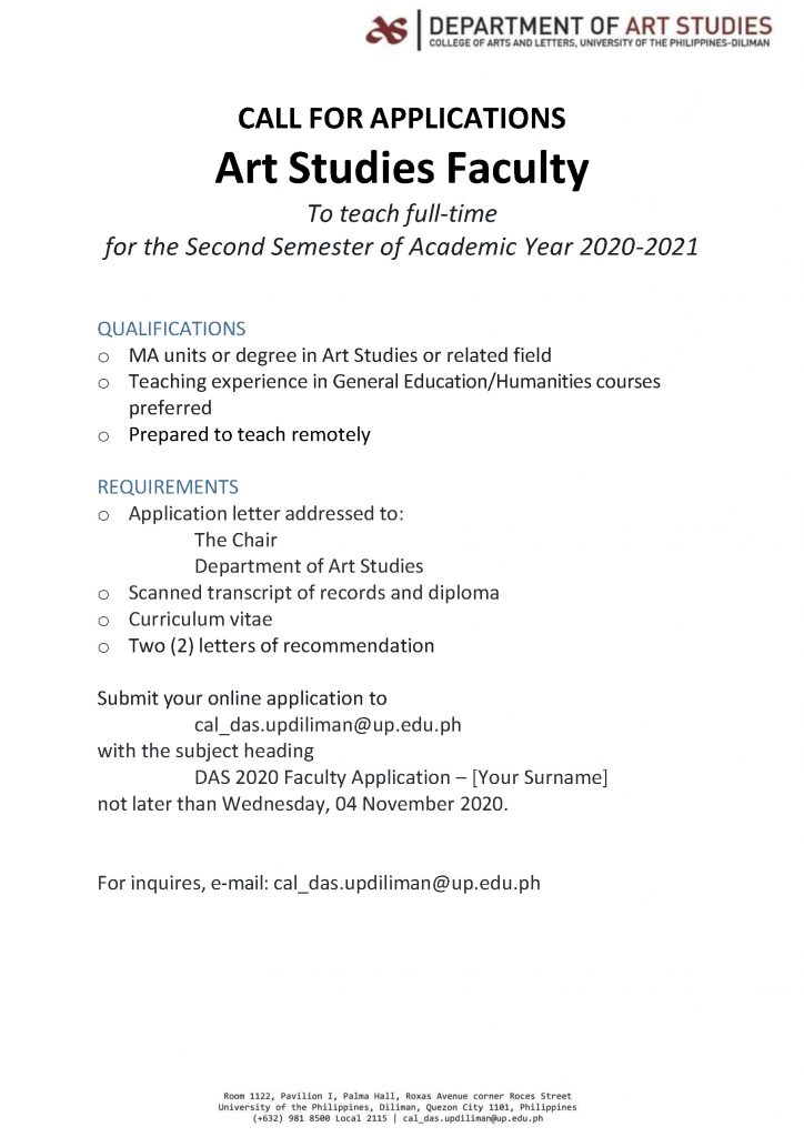 Call for Applications | Art Studies Faculty - Department of Art Studies